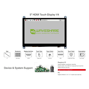 Waveshare 5inch Capacitive Touch Screen LCD Slimmed-Down Compatible with Raspberry Pi 5/4B/3B+/3A+/2B/B+/A+/Zero/Zero W/WH/Zero 2W CM3+/4 800×480 Resolution HDMI Toughened Glass Panel Supports Windows