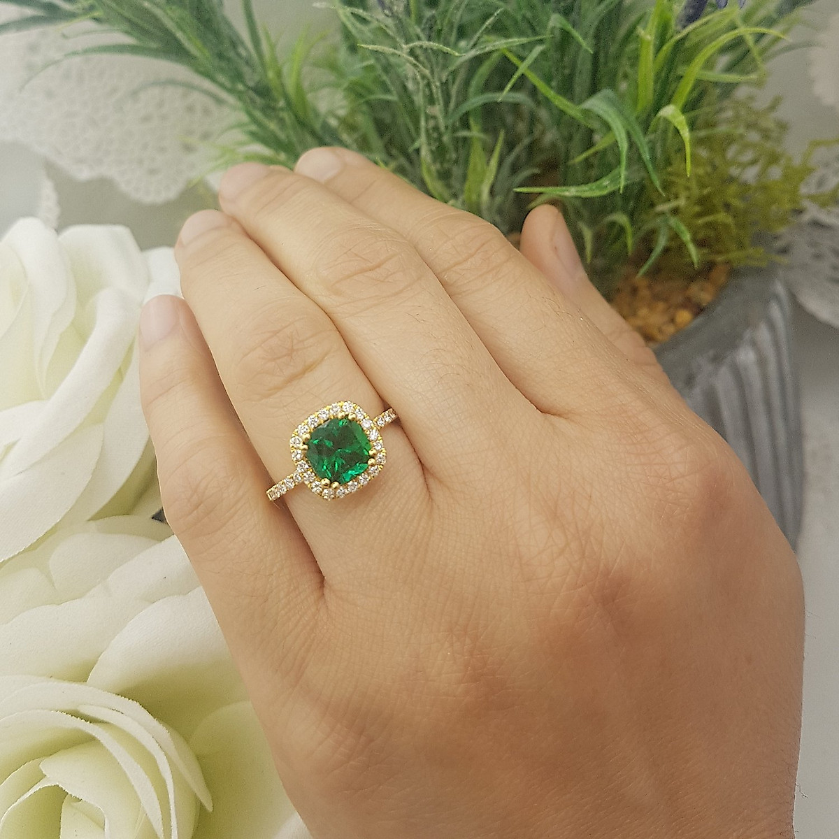 Dazzlingrock Collection 7.5 mm Cushion Lab Created Emerald & Round White Diamond Halo Engagement Ring for Women in 14K Yellow Gold Size 8