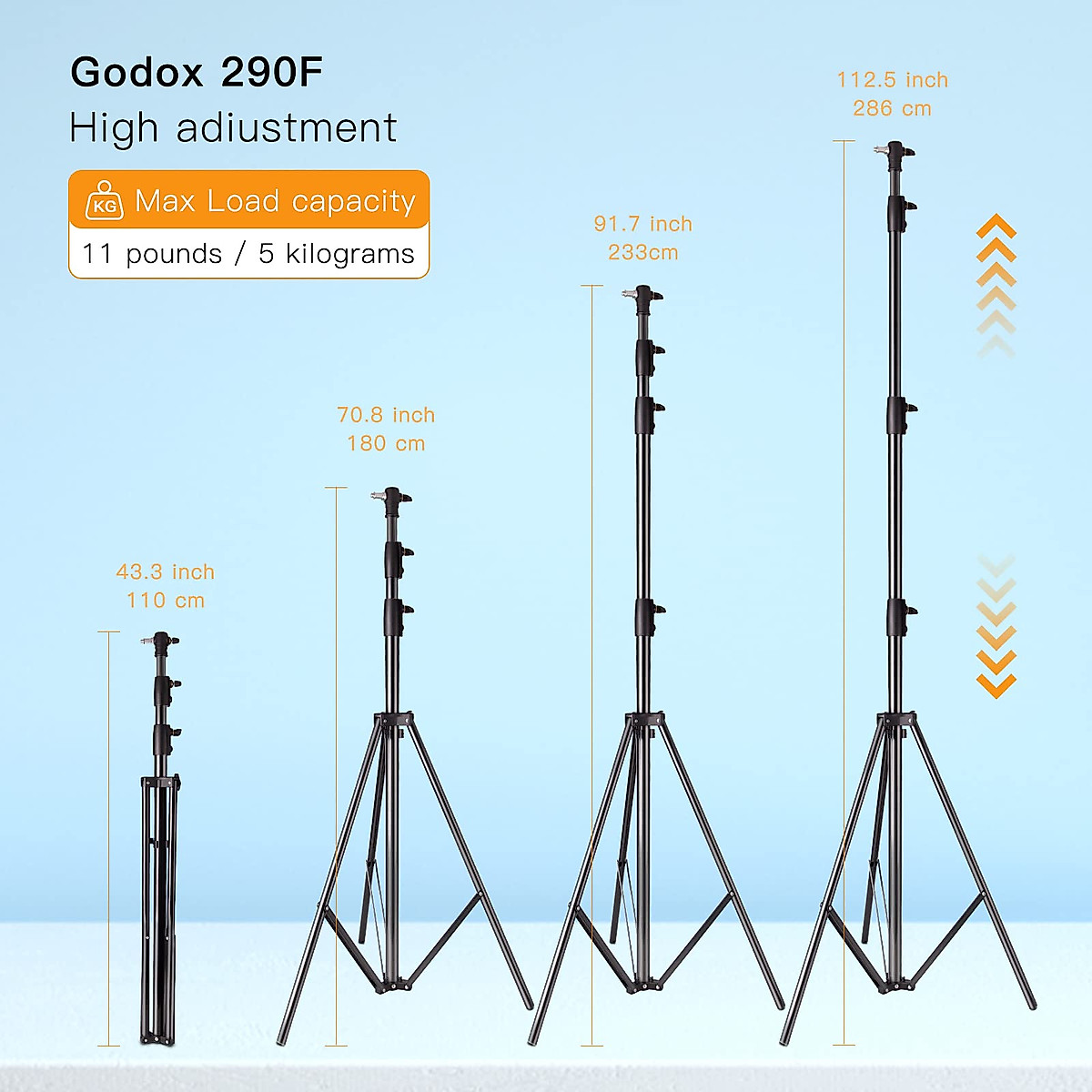 Godox Heavy Duty Aluminum Photography Light Tripod Stand for Studio Photography Lighting, Backgrounds, Monolights, Strobe Flash - 286CM, 112 Inches