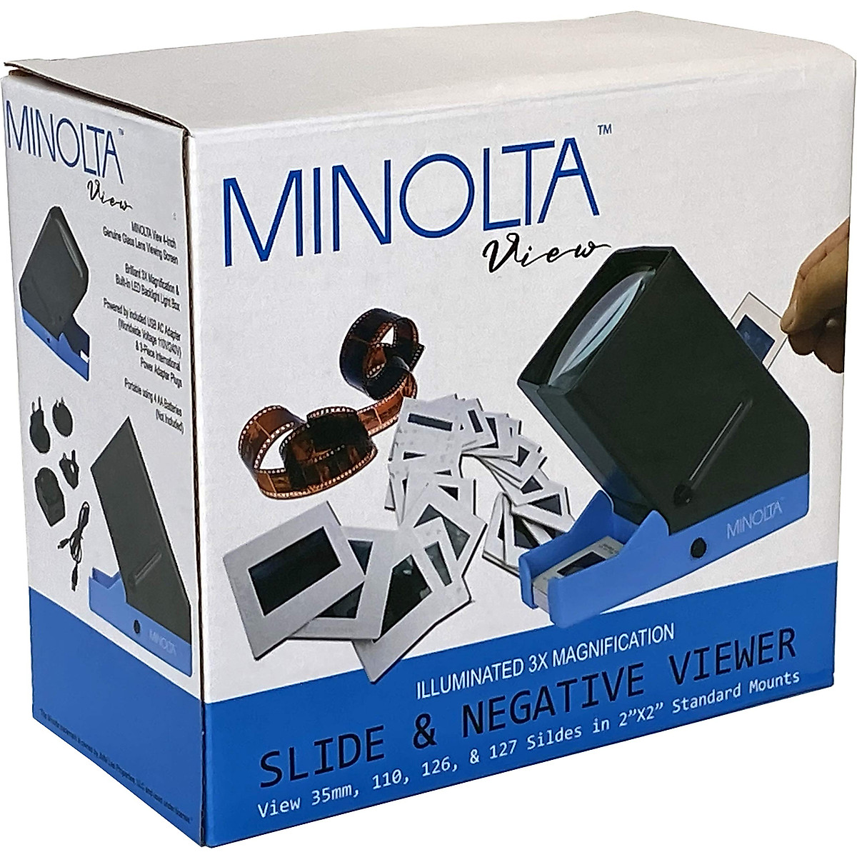MINOLTA 35mm Desk Top Portable LED Slide and Negative Viewer Luminated 3X Magnify – for 2"x2" Slides & Positive Negatives - Worldwide AC Adapter & Plugs, Battery Operation & Cloth