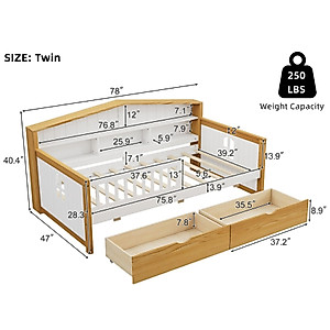 Merax Twin Size Bed Frames with 2 Storage Drawers and Bookcase Headboard, Montessori House Shape Daybed for Kids Girls Boys Teens, No Box Spring Needed