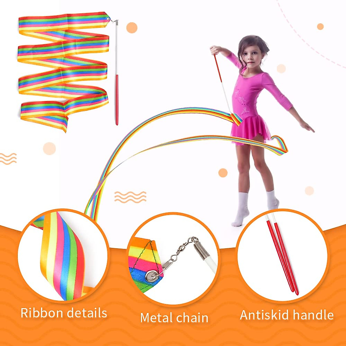 HUIANER Dance Ribbons Streamers Rhythmic Gymnastic Ribbon Wands Rods for Children Art Dances, Baton Twirling, 2 Pieces