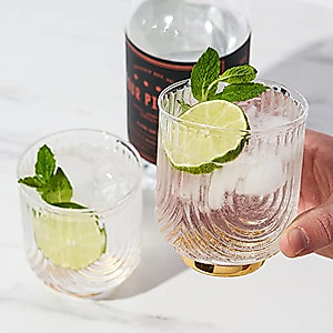 Viski Gatsby Lowball Glasses, Vintage Drinking Tumblers for Whiskey, Scotch & Bourbon, Art Deco Ripple Glassware Arch Design, Gold Plated Base Crystal Drinking Set, Set of 2 , 12oz