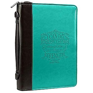 Christian Art Gifts Turquoise Faux Leather Bible Cover for Women I Can Do Everything - Philippians 4:13 Zippered Case for Bible or Book w/Handle, Medium