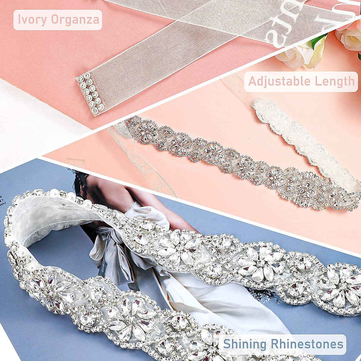Geyoga Bridal Belt Wedding Dress Belt Rhinestone Wedding Sash for Bride Dress Gowns Crystal Belt with White Organza (Charming Style)