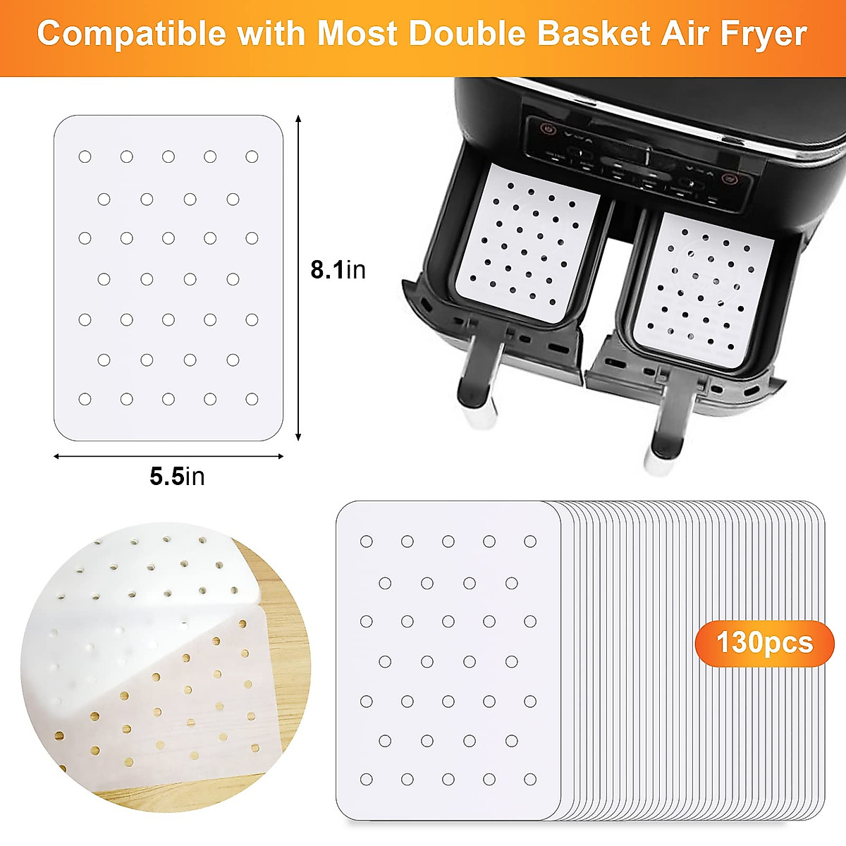 BABORUI 130Pcs Air Fryer Baking Parchment, Disposable Air Fryer Baking Papers Compatible with Ninja Foodi Dual Air Fryer DZ201, Non-Stick Parchment Baking Paper Air Fryer Accessories with Holes