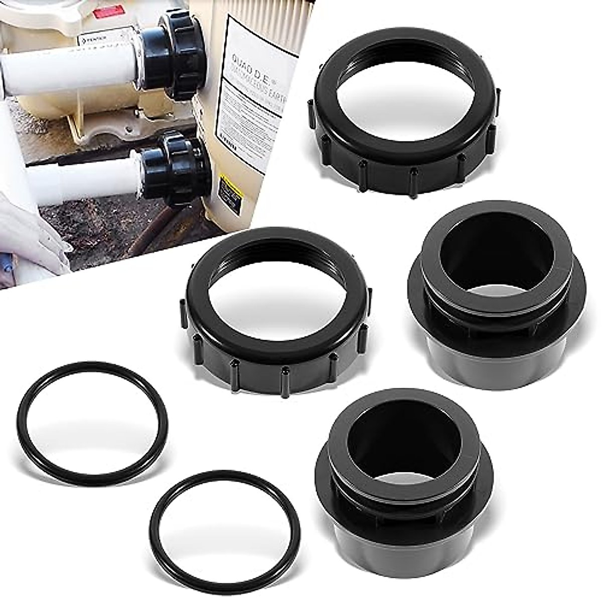 2 Pack 270100 Black Pool Valve Adaptor Replacement Kit for Quad D.E. Filter, FNS Plus Filter, Clean & Clear Plus Filter, Pool/Spa Cartridge Filter