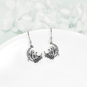 Fairy Earrings 925 Sterling Silver Elf Fairy on Moon Dangle Drop Earrings Jewelry Gifts for Women