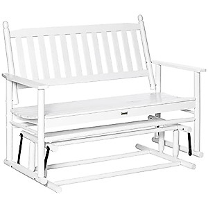 Outsunny Wooden Outdoor Glider Bench for Two People, Patio Loveseat Swing Rocking Chair with Armrest, Slatted Seat and Backrest, White