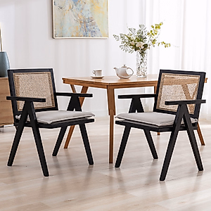 Guyou French Rattan Woven Dining Chairs Set of 6, Upholstered Dining Room Arm Chairs with Cane Back Mid Century Retro Side Chairs (Black Finish and Cream Fabric)