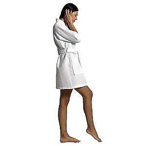 Chakir Turkish Linens Lightweight - Quick Dry Waffle Knit Bath, Spa and Bridesmaids Kimono Short Robe (White, One Size)
