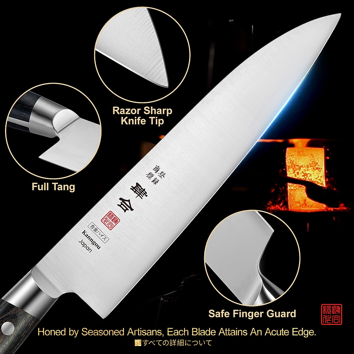 kanngou Japanese Chef Knife, 8 Inch Chef Knife Chef's Knives, Kitchen Knife, Gyuto Knife 210mm, Japanese Alloy Steel Knife, Gift for Husband Dad with Premium Gift Box (Black Handle, 8.27 inches)