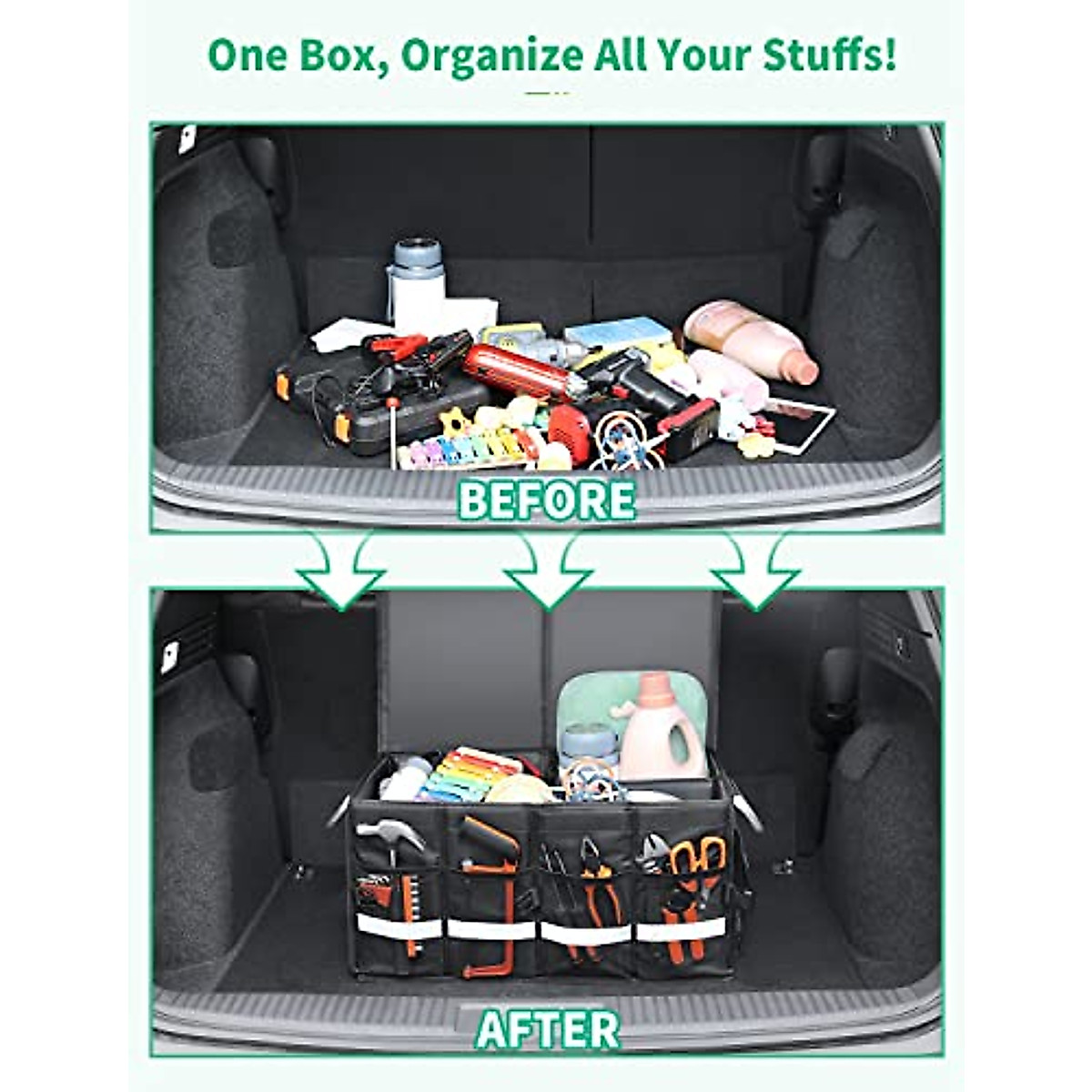 Oasser Trunk Organizer Cargo Organizer Trunk Storage Waterproof Collapsible Durable Multi Compartments with Foldable Cover Aluminium Alloy Handle Reflective Strip