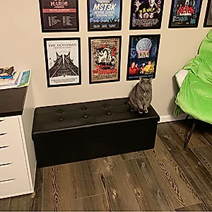 KEYWORD FAMILY 43 in Folding Leather Storage Ottoman Bench, Rectangular Black Footrest， Foam Pouf Tray Footstool with Storage, for Living Room, Bedroom& Hallway