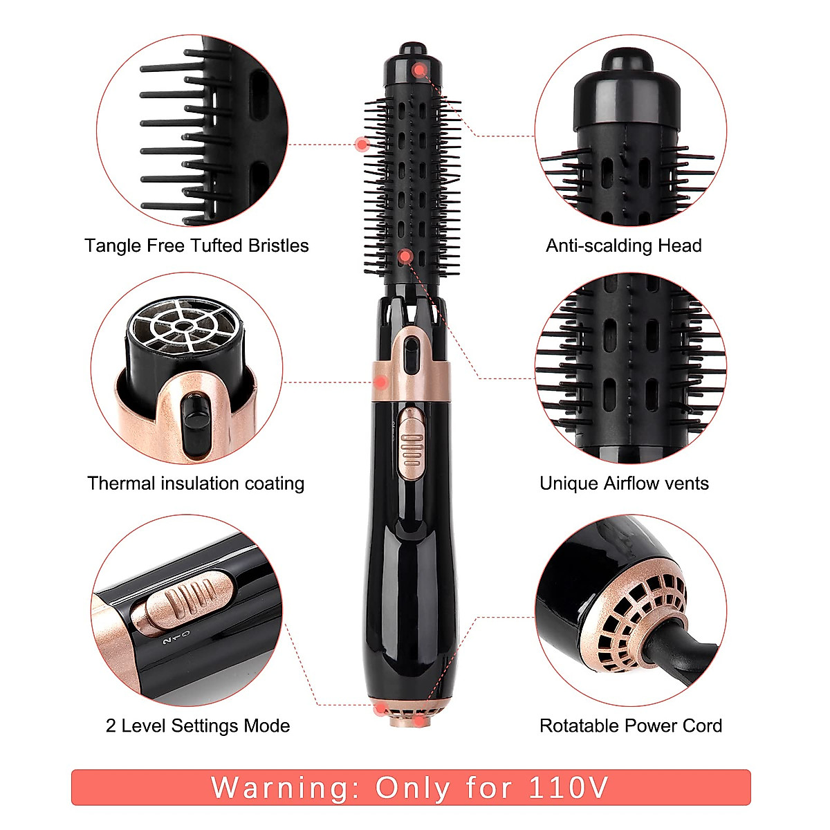 EITHON Hair Dryer, 700W, 4-in-1 Hot Air Brush, Negative Ion Technology, Adjustable Heat, Volumizing, Straightening, Less Damage, 1.8" Handle, Black