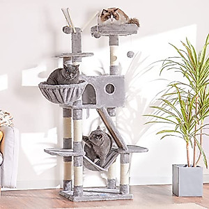 Hey-brother Cat Tree, 61 inch Cat Tower for Indoor Cats, Cat House with Padded Platform Bed, Toy Balls, Large Cozy Condo, Hammocks and Sisal Scratching Posts, Light Gray MPJ019W