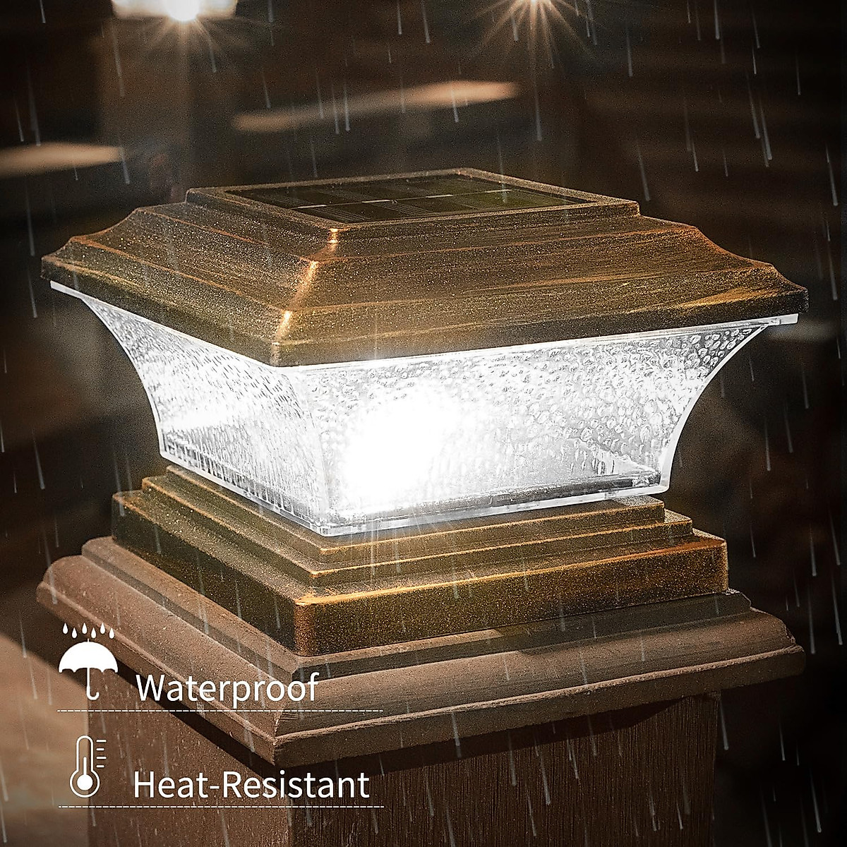 HUYIENO Solar Post Cap Lights Outdoor LED Lighting Deck Fence Two Modes Warm White/7 RGB Color Changing Suitable for 4x4 5x5 Wooden Brushed Copper 6pk.