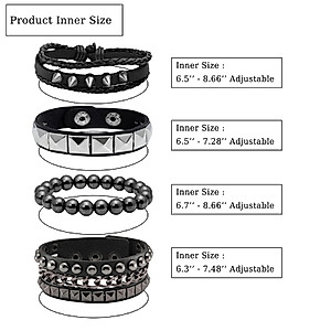 Eigso 4 Pcs Punk Leather Bracelet Hematite Black for Men Women Adjustable Spike Metal Cuff Bangle
