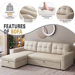 Favfurish 81.5" Sectional Sleeper Sofa with Storage Chaise, L Shaped Pull Out Couch Bed with 3 Removable Back Cushion for Living Room,Apartment,Beige