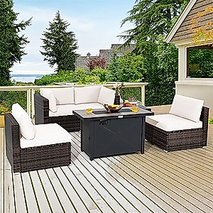 WXBDD 6PCS Patio Furniture Set Rattan Cushioned Gas Fire Pit Table Beige