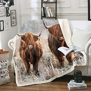 Highland Cattle Pattern Throw Blanket Highland Cow Blanket for Kids Boys Girls Farmhouse Cow Landscape Blanket for Chair Office Room,Throw (50 x 60 Inches)