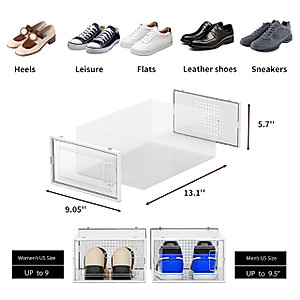 12 Pack Shoe Organizer Storage Bins, Clear Plastic Stackable Shoe Boxes for Closet, Space Saving Foldable Shoe Storage Bins, Sneaker Storage Shoe Box Container, White Frame