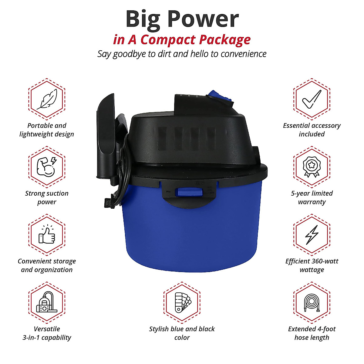 Koblenz WD-2.5 L Portable Wet/Dry, 2.5 Gallon 2.5HP Wall Mountable Vacuum, Blue+Black, 5 Year Warranty