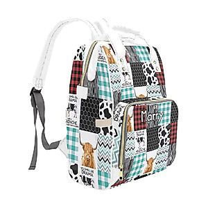 XOZOTY Highland Cow Patchwork White Diaper Bags with Name Waterproof Mummy Backpack Nappy Nursing Baby Bags Gifts Tote Bag for Women