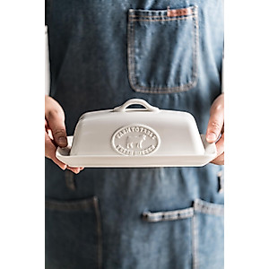 YHOJOY Cow Butter Dish, Ceramic Butter Dish with Lid for Countertop, White Butter Tray with Handle, Farmhouse Covered Butter Holder Container for East West Coast Butter Storage