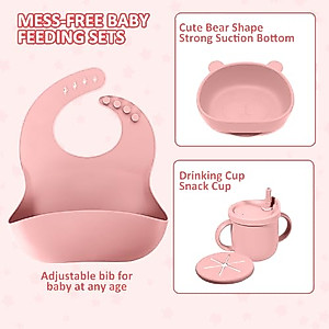 Silicone Baby Feeding Set | Baby Led Weaning Supplies | Toddler Self Feeding Dish Set with Suction Bowl, Divided Plate,Sippy Cup Spoons Forks Teether and Adjustable Bib, Eating Utensils for 6+Months