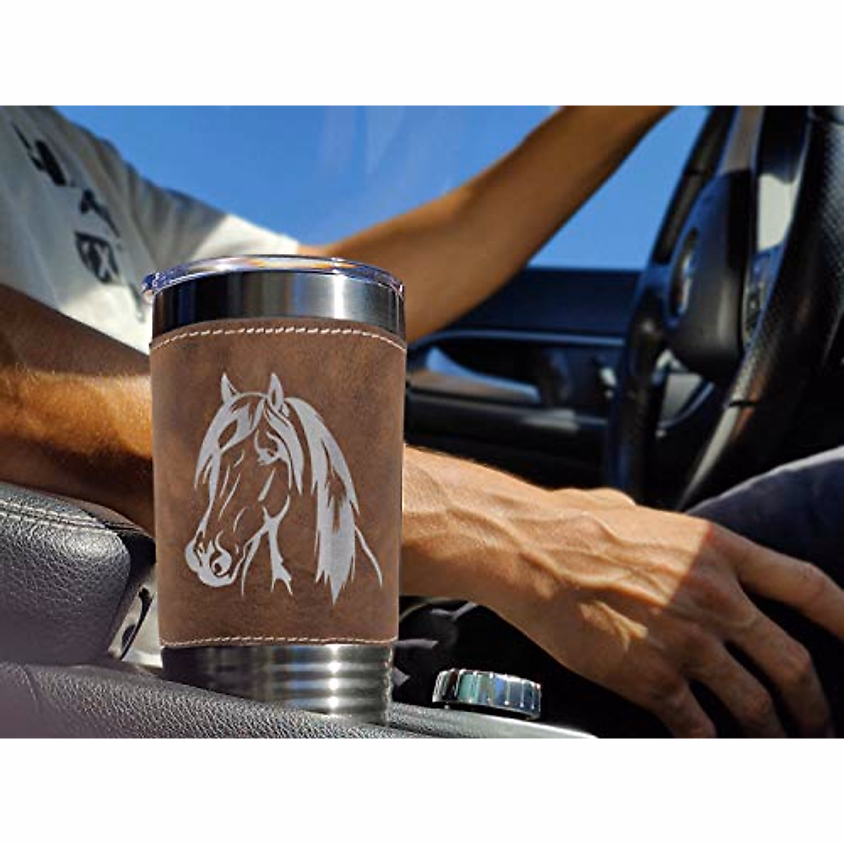 LaserGram 20oz Vacuum Insulated Tumbler Mug, Horse Head 1, (Faux Leather, Rustic)