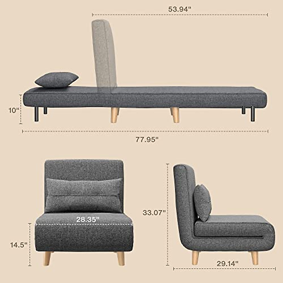 Aiho Convertible Sofa & Chair Bed, Futon Chair Sleeper with Soft Pillow, Modern Linen Fabric Solid Wood Legs, Dark Grey