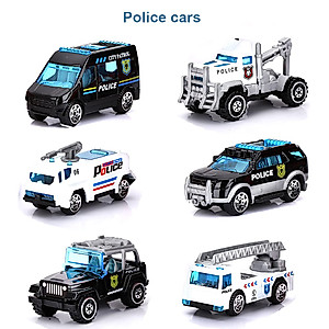 haomsj 17PCS Mini Police Car Toys for Boys 3-5 Die Cast Metal Toy Police Car Set Fire Trucks Including 5 Road Signs Kid Birthday Party Gift Police Party Decorations Police Toys