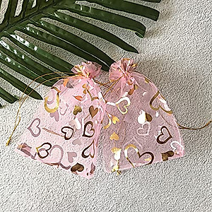 Hikkcos 100PCS Valentine's Day Organza Bags Love Heart Gift Bag Jewelry Packaging Pouch Drawstring Bag Wedding Favors Bag for Valentine's Day Wedding Party