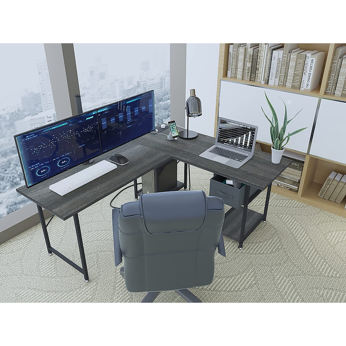 SZXKT L Shaped Desk with Drawers, Gaming Desk, Corner Computer Desk with Storage and Power Outlet,Reversible U Shaped Work Pc Desk for Home Office with Monitor Stand 2 Person Long Desk 56 Inch Gray