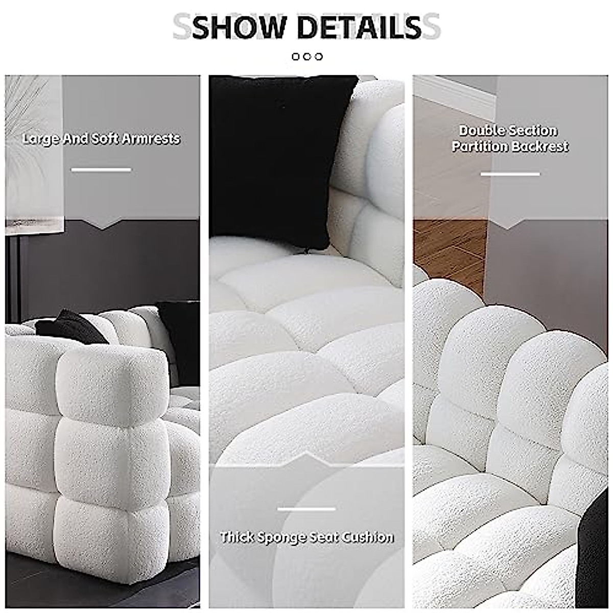Melpomene Modern Boucle Sofa Couch, Cloud Sofa Upholstered 3 Seater Sofa with 2 Pillows and Wood Legs,Tufted Sofa for Bedroom, Office, Apartment(White)