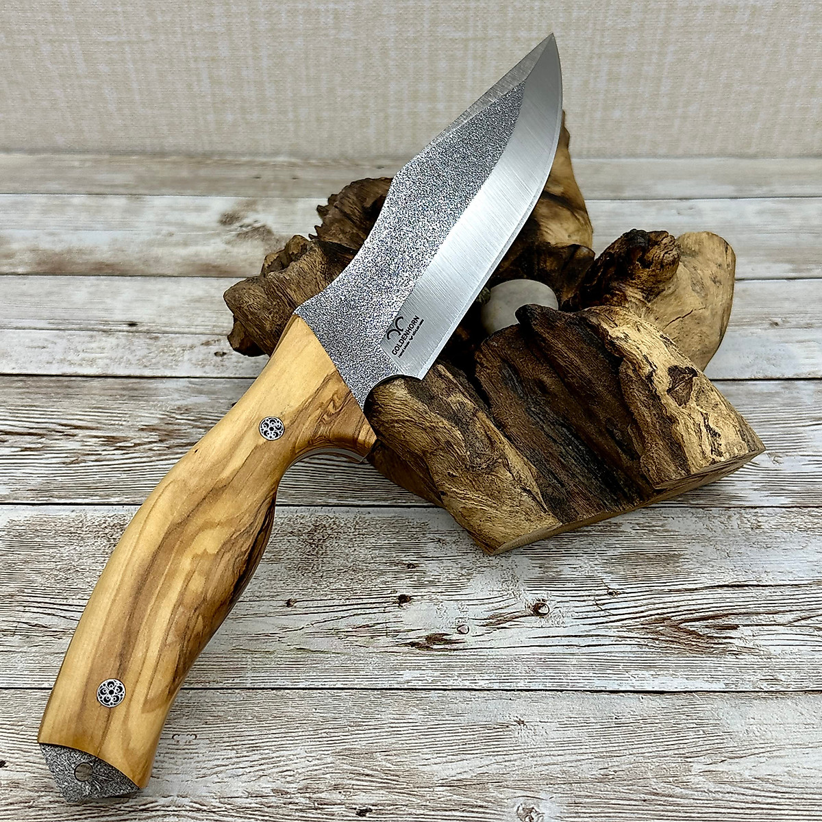 Golden Horn Expert in Handcraft HUNTING KNIFE WITH SHEATH, OLIVE HANDLE HUNTING KNIFE, N690 STEEL BLADE, GENUINE LEATHER SHEATH AND FERRO ROD