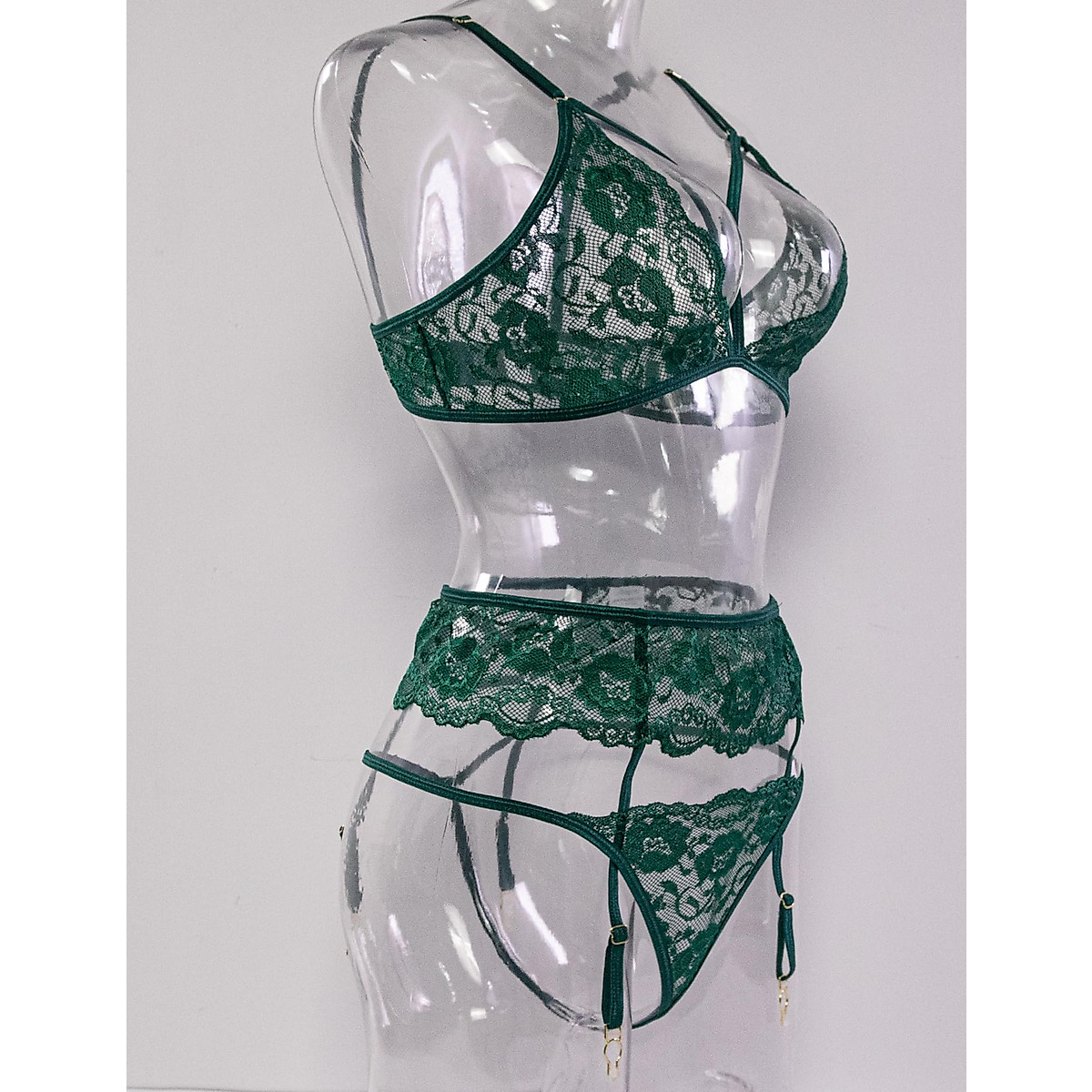 Women Lingerie with Stockings and Gloves,Garter Belt Lingerie Set Green M