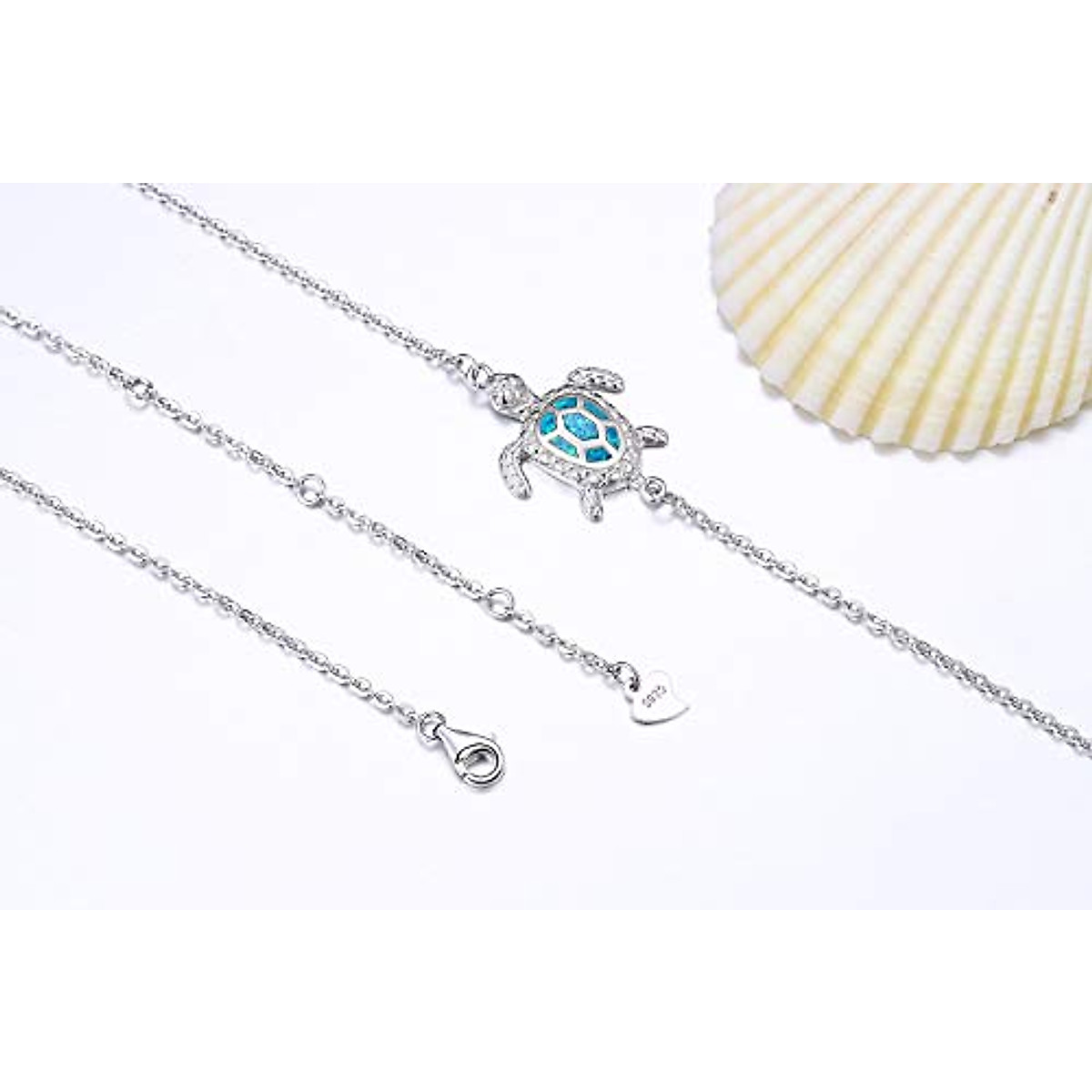 PUPILLEMON Blue Opal Sea Turtle Ankle Sterling Silver Anklet Fine Jewelry for Women Gifts 4 Level Adjustable Anklet (Large Bracelet)