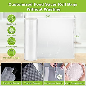 Bonsenkitchen Vacuum Sealer Bags, 11 in x 50 ft Rolls 2 Pack Seal Bags for Food Storage Saver, BPA Free, Commercial Grade Textured Food Roll Bags, Customized Size Bag for Sous Vide Cooking & Meal Prep