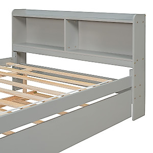 Full Size Bed Frame with Trundle,Captain’s Bed Full with Bookcase Headboard for Kids,Trundle Bed with Storage for Kids,Teens,Adults(Grey)