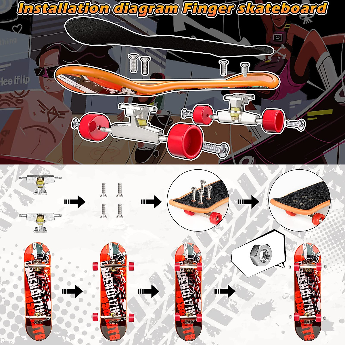 KETIEE Mini Finger Skateboard and Ramp Accessories Set, Skate Park Deck Truck Board Ramp Kit with Finger Skateboards, Fingertip Movement Party Game Toy for Kids (A)