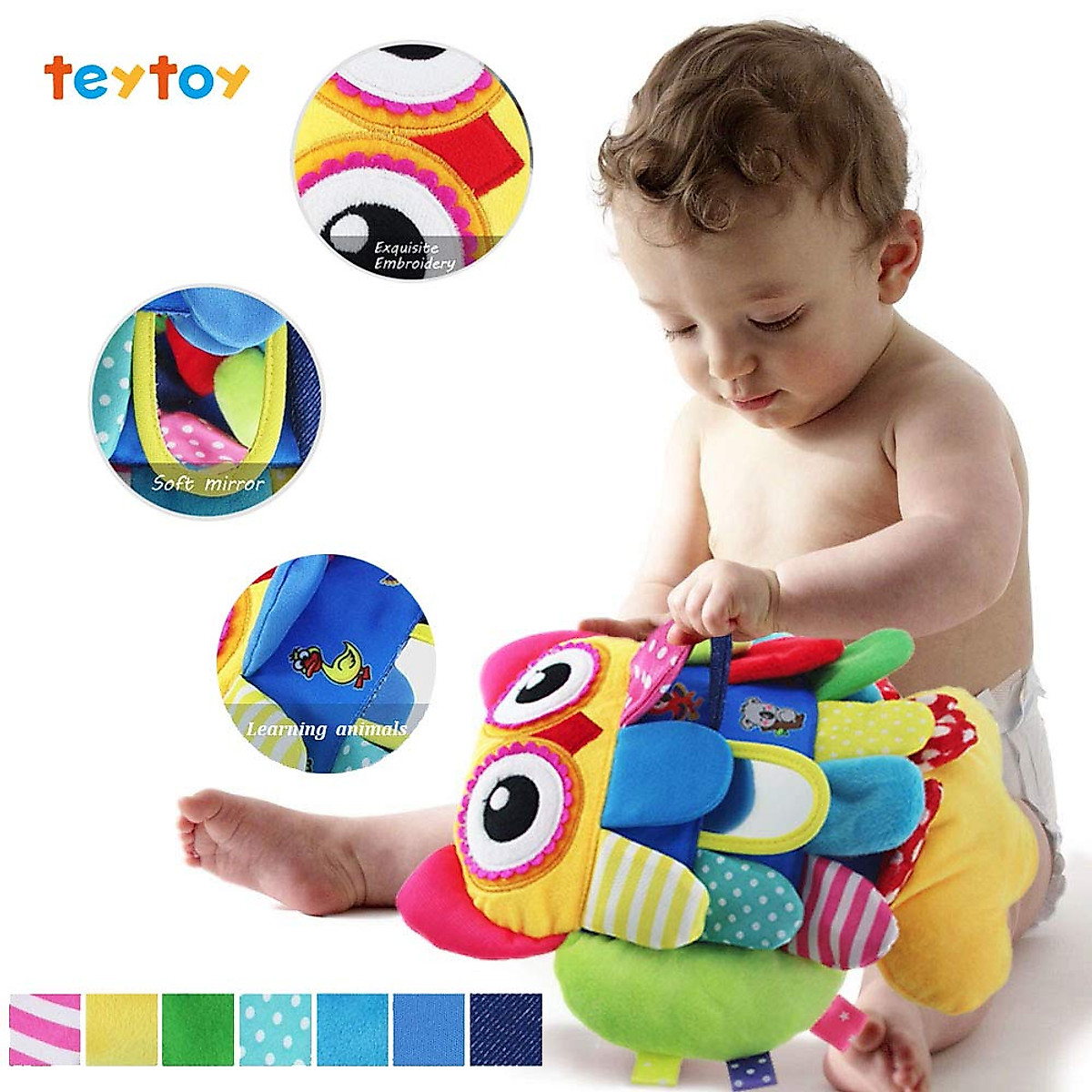 teytoy My First Baby Toys-Who Do You See, Baby Crinkle Activity and Teething Toy with Multi-Sensory Rattle and Textures, Owl
