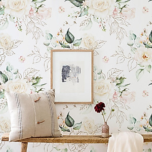 BaoHArtHome Floral Wallpaper Paper Peel and Stick Contact Paper Removable Pink Gold Leaf Easy Peel Off Vinyl Wallpaper Self Adhesive for Bedroom Living Cabinet Room Deco 17.7 in x6.6ft