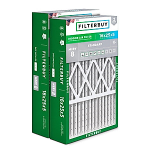 Filterbuy 16x25x5 Air Filter MERV 8 Dust Defense (2-Pack), Pleated HVAC AC Furnace Air Filters for Honeywell FC100A1029, Lennox X6670, Carrier, & More (Actual Size: 15.75 x 24.75 x 4.38 Inches)