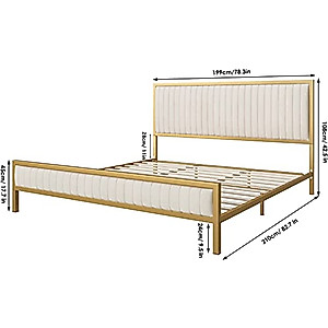 HIFIT King Size Bed Frame, King Bed Frame and Headboard, Heavy Duty Metal Foundation, Upholstered Bed Frame with Velvet Tufted Headboard, Wood Slats Support, No Box Spring Needed, Gold and Ivory White