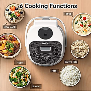 FEEKAA Small Rice Cooker 2 Cup, Mini Japanese Rice Cooker, 6-in-1 Portable Slow Cooker, Travel Rice Maker, Soup Maker, Stew Pot, Keep Warm & Delay Timer, White, 1.2L