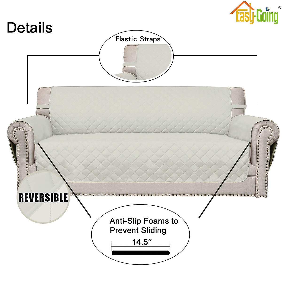 Easy-Going Reversible Oversized Couch Cover for 3 Cushion Couch Sofa Cover for Dogs Water Resistant Furniture Protector Cover with Foam Sticks for Pet (Oversized Sofa, Ivory/Ivory)