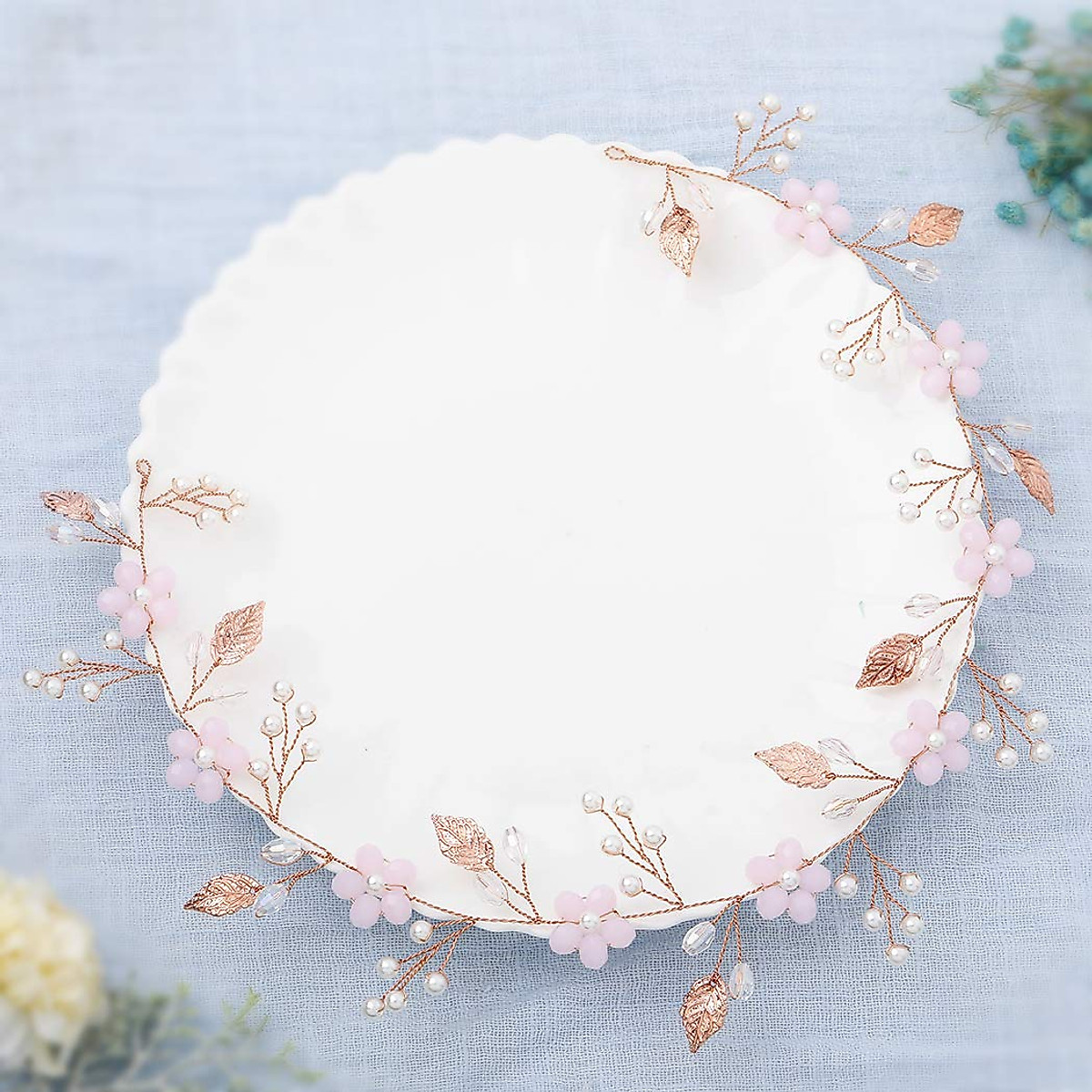 Aukmla Bride Wedding Hair Vines Flower Headbands Crystal Headpiece Bridal Jewelry for Women and Girls (Rose Gold)