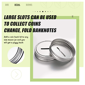 Stainless Steel Coin Slot Bank Lid Compatible with Mason Jars Canning Jars Money Saving Jars Metal Coin Slot Lid for Regular Mouth Ball, Canning Jars, 70 mm (6 Pieces)